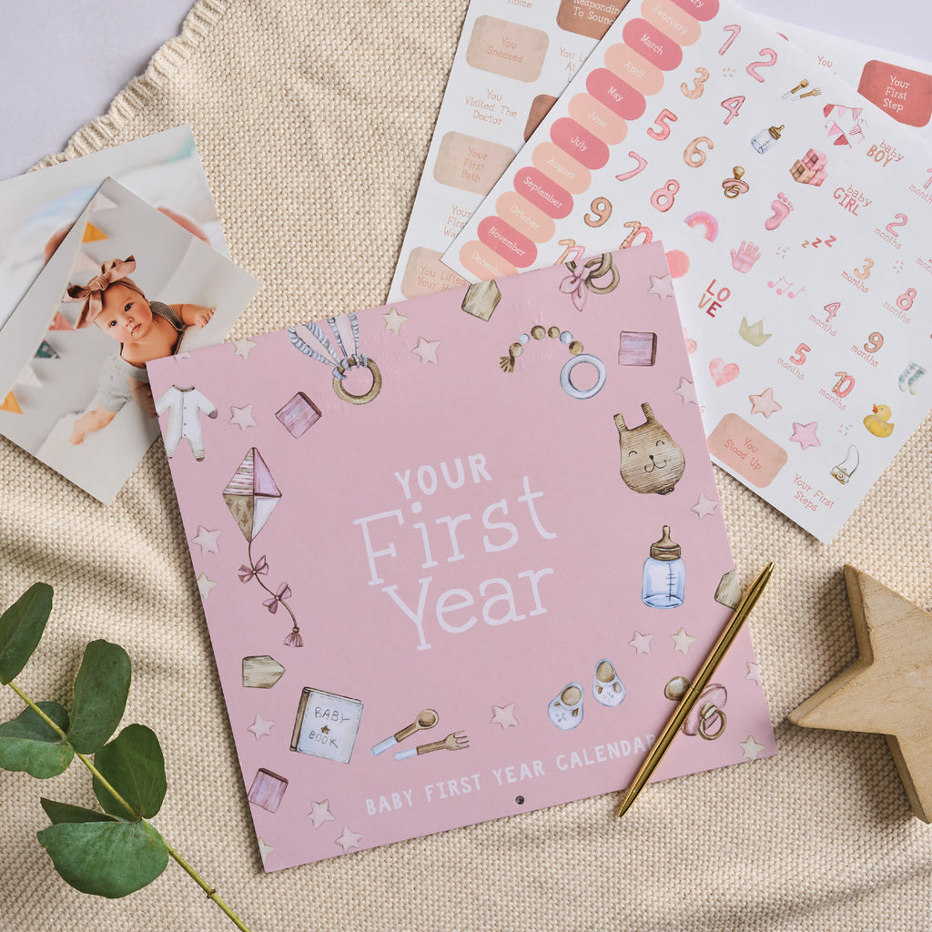 Baby's First Year Calendar with Over 100 Stickers - Pink Watercolor Ed ...